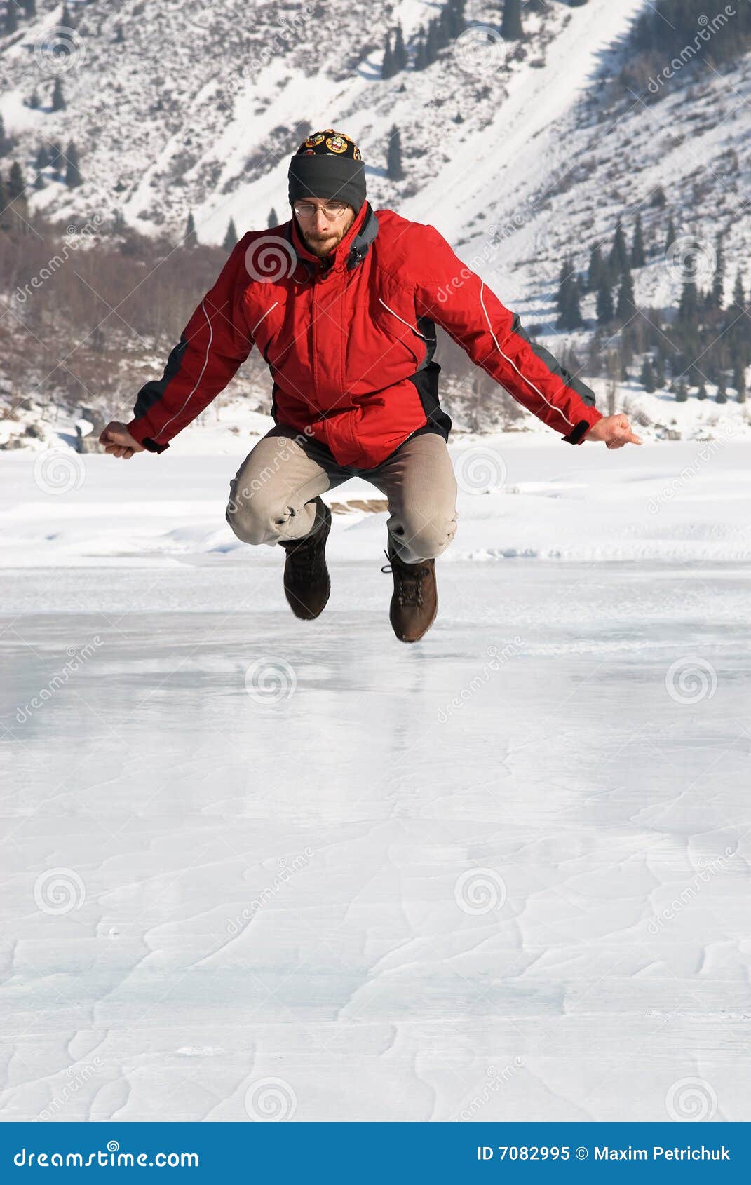 Main in Red Jumping on Winter Lake Stock Image - Image of lifestyles ...