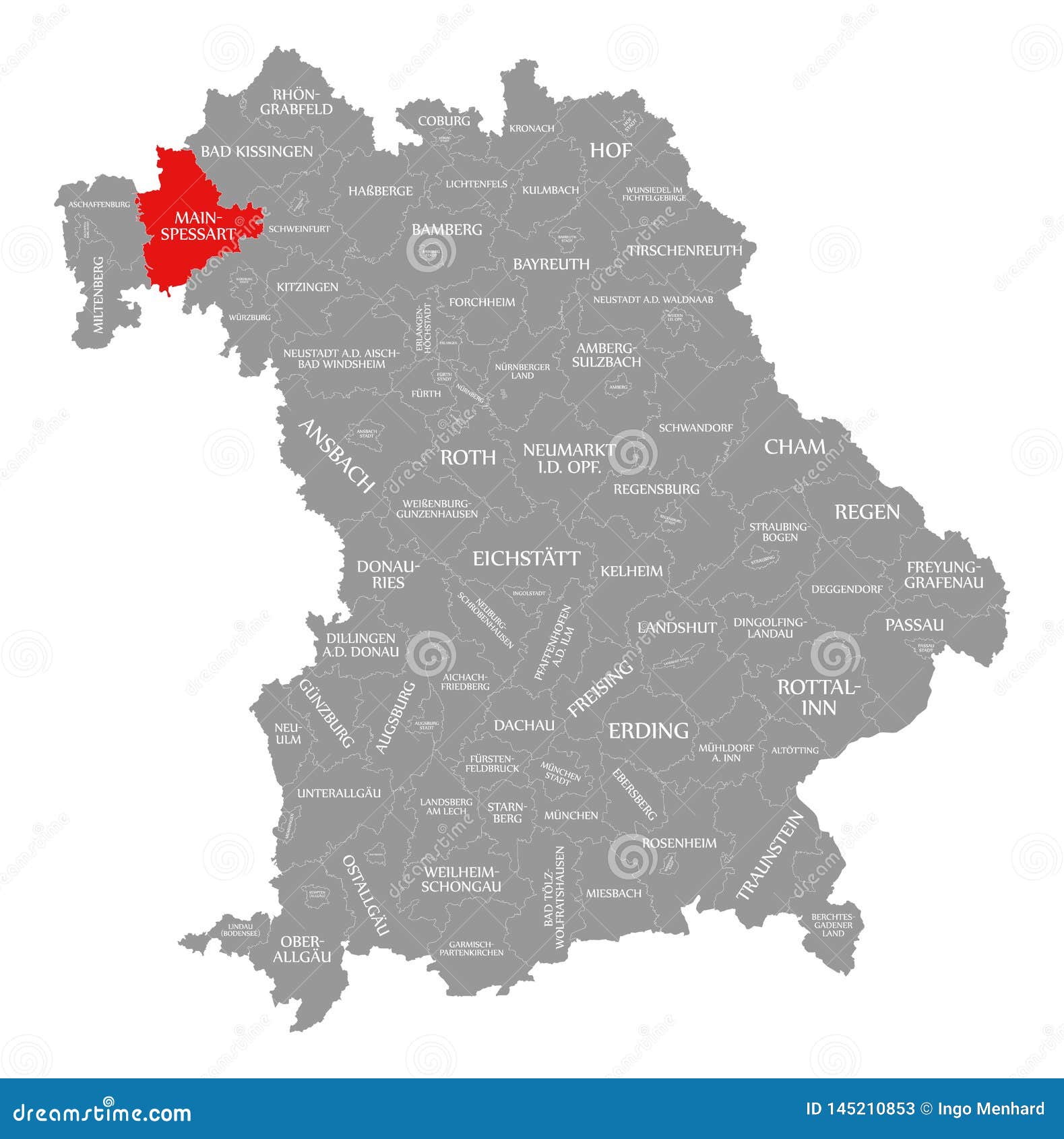 Main-Spessart County Red Highlighted in Map of Bavaria Germany Stock ...
