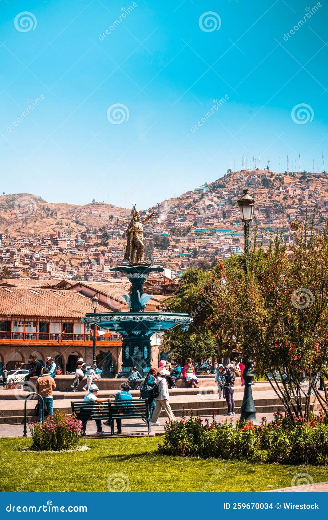 Main Square with a Fountain and Cityscape of Cusco, Peru, Vertical ...