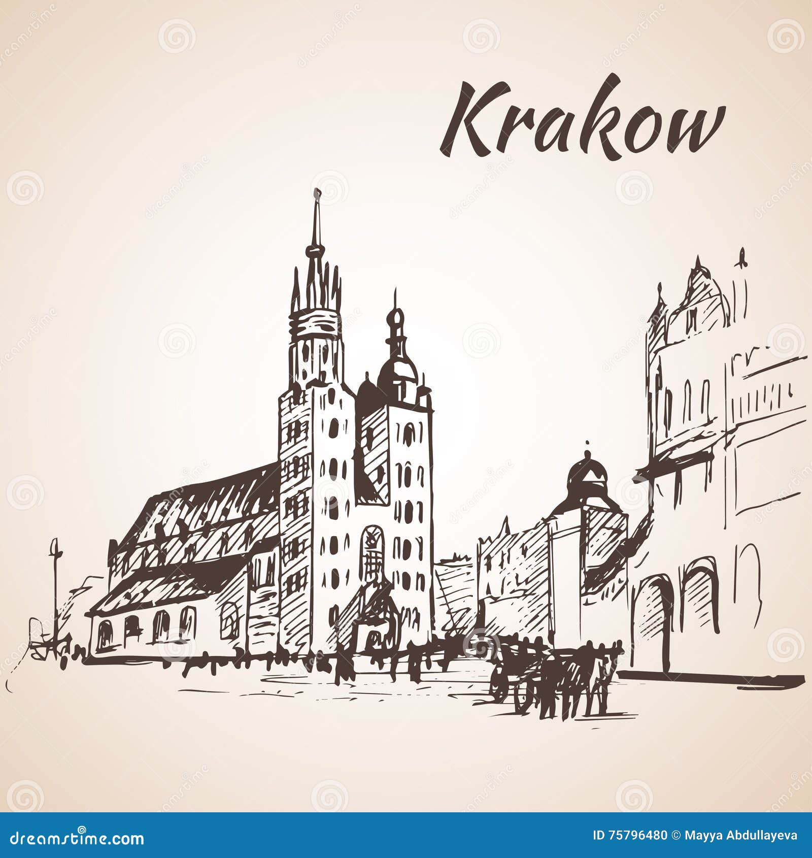 Krakow Sketch Skyline. Poland, Krakow Hand Drawn Vector Illustration ...