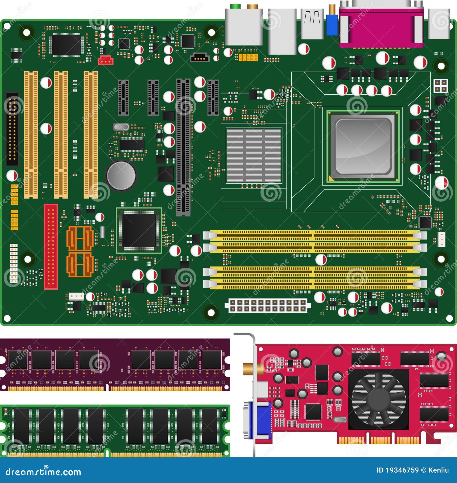 Mainboard,Memory and Graphics Card Stock Vector - Illustration of blue ...