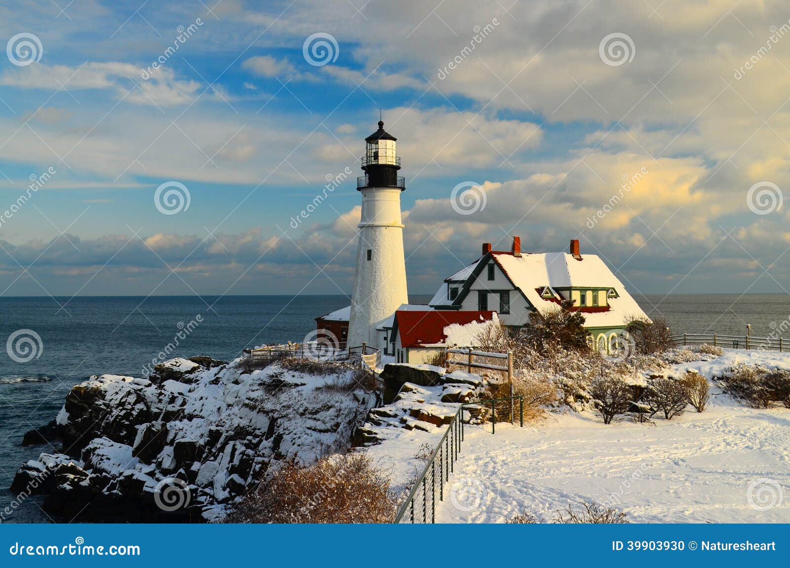 Maine Lighthouse in winter stock photo. Image of rocks - 39903930