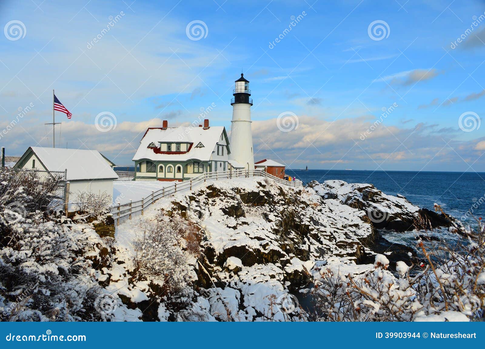 Maine Lighthouse in winter stock photo. Image of beam - 39903944