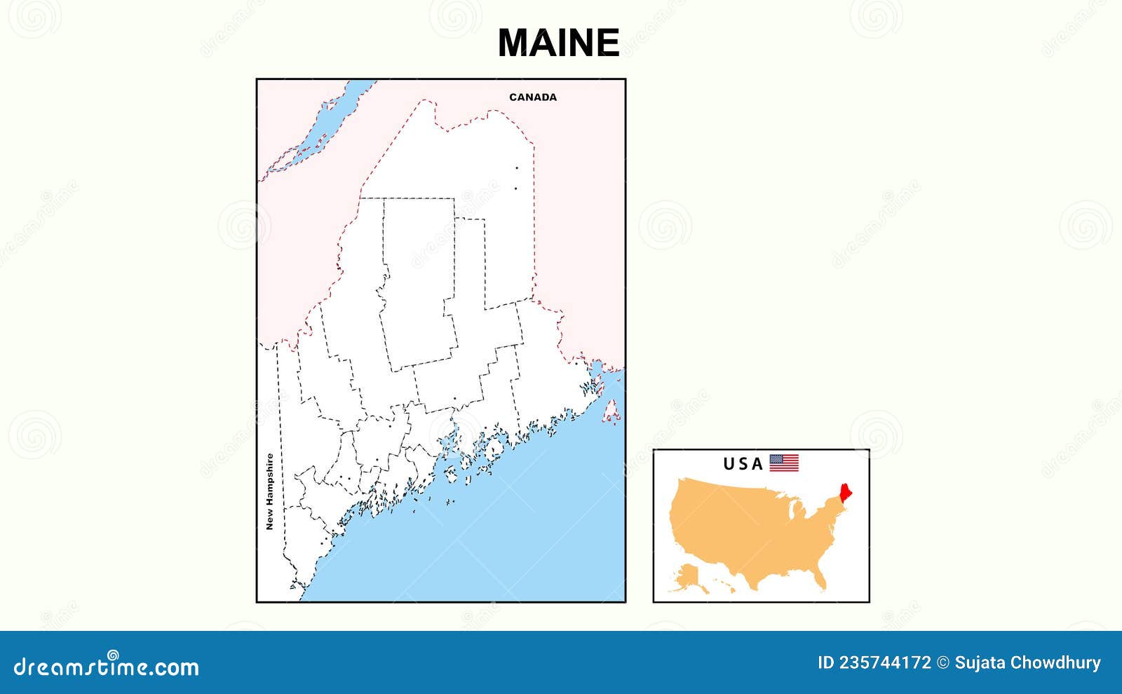 Maine Map. Political Map of Maine with Boundaries in Outline Stock ...