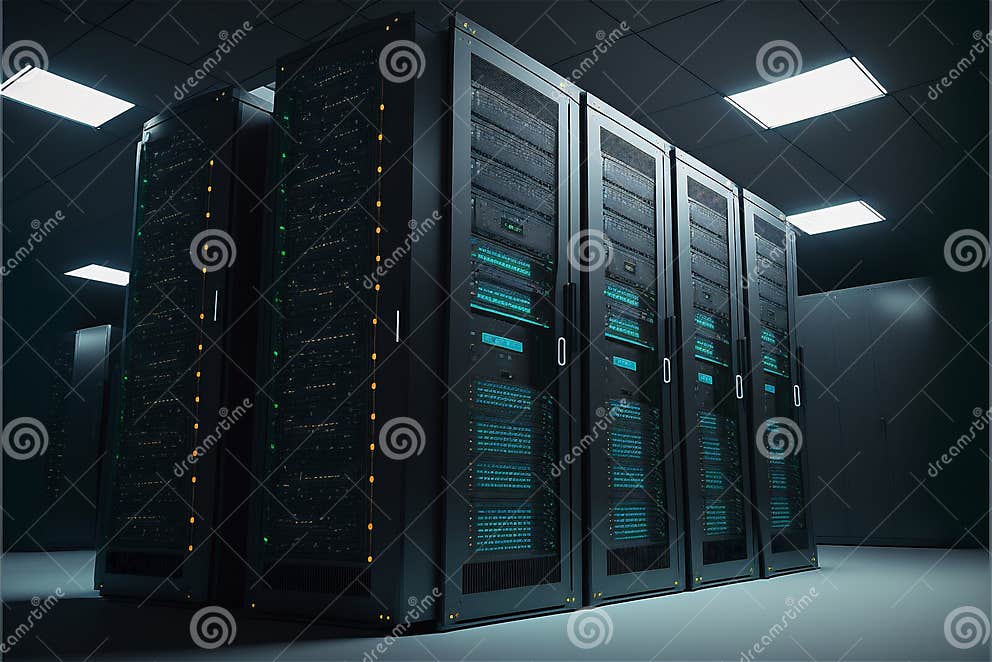 Mainframe Devices on Racks in Room with Big Data Cyber Internet Content ...