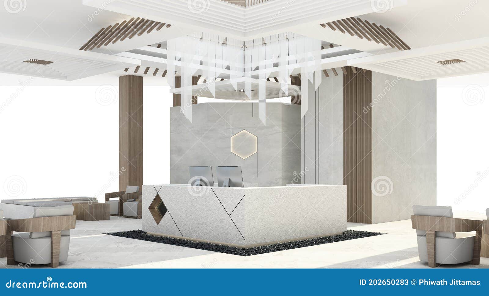 Mainhall Reception with Grey Concrete Counter and Design Ceiling ...