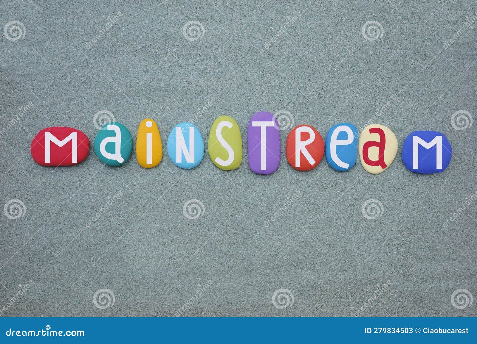 Mainstream Word Composed Withcolored Stone Letters Over Green Sand ...