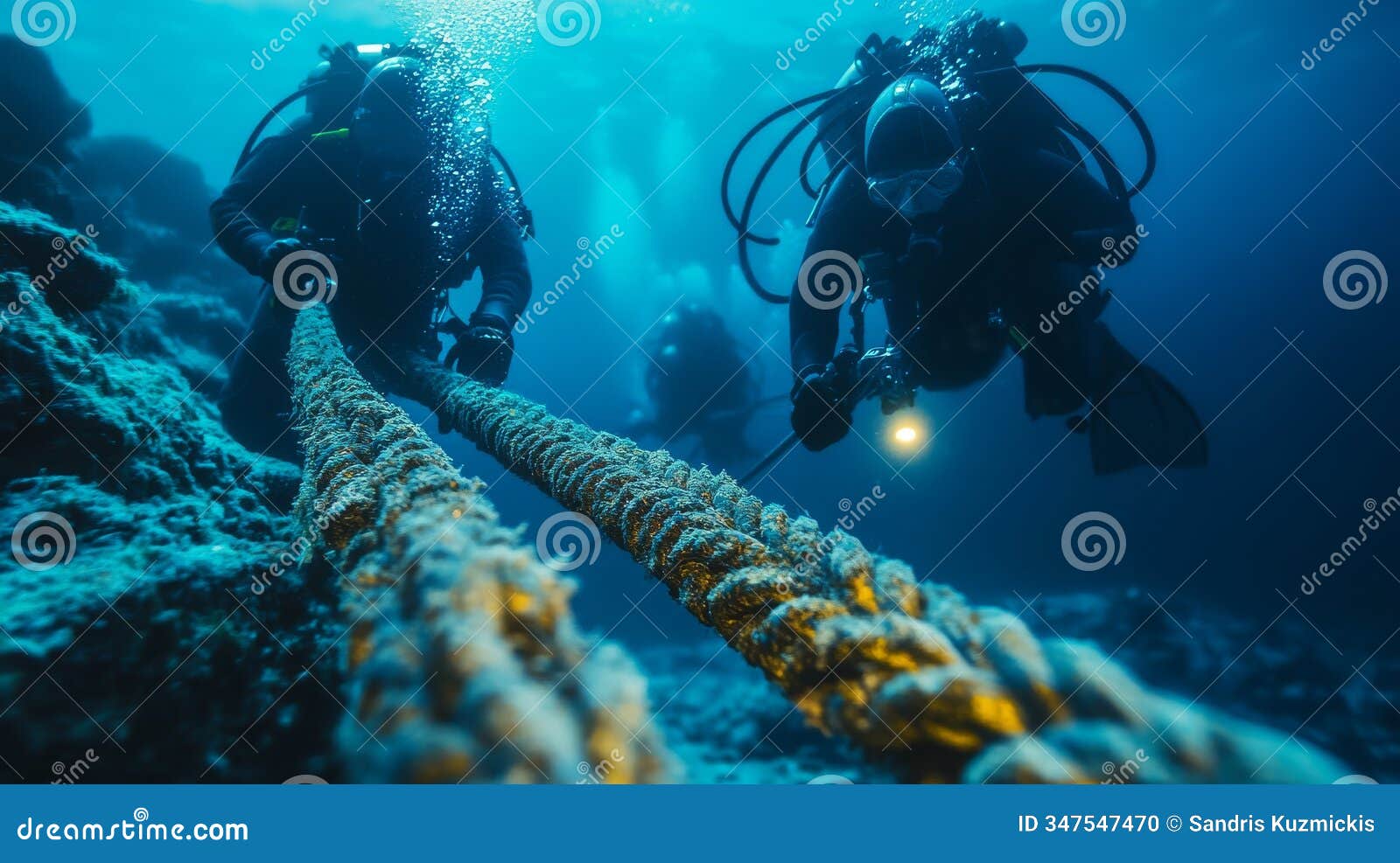 Maintenance Divers Inspecting a Submarine Cable Connection. Generative ...