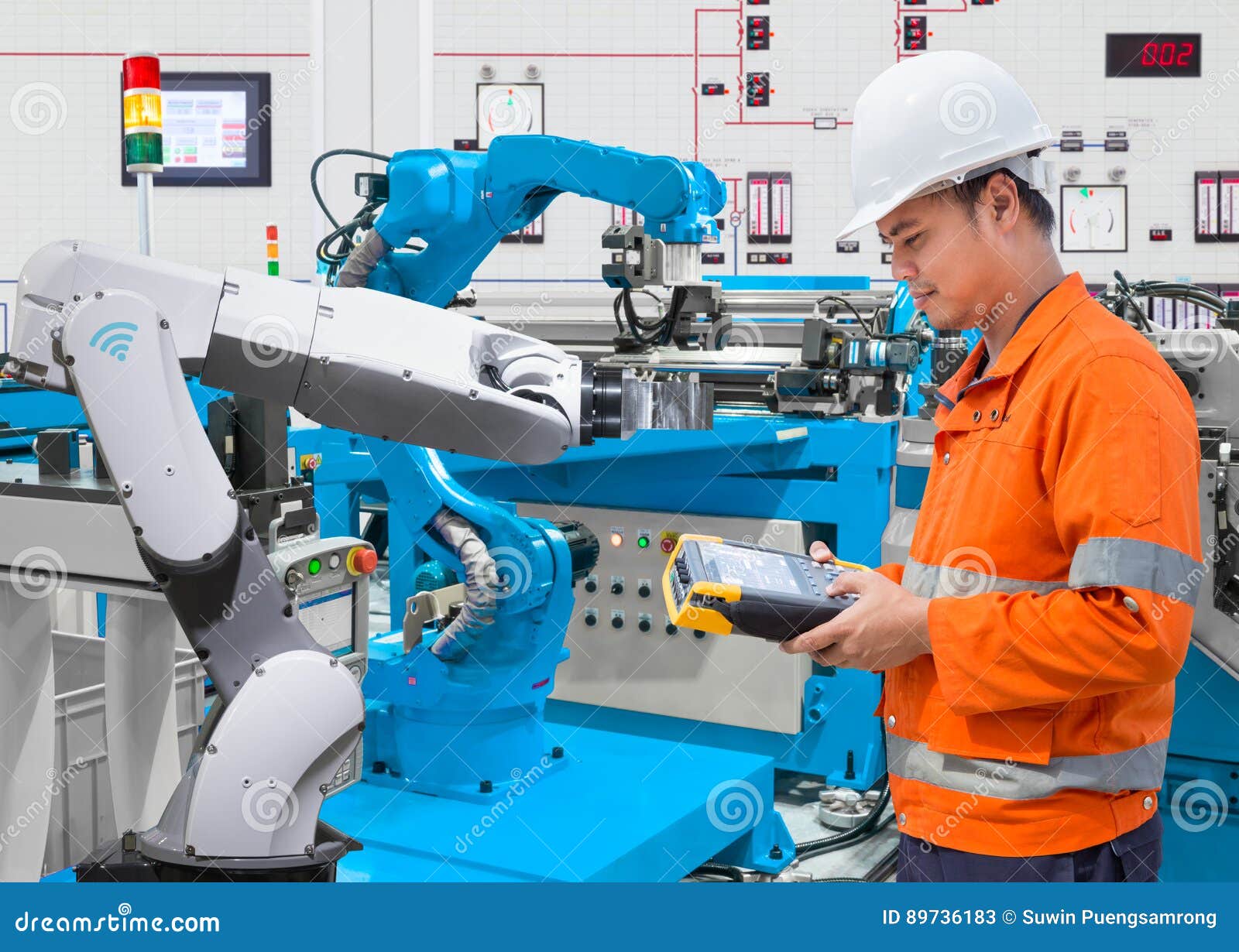 Maintenance Engineer Programing Automated Robotic at Industry 4. Stock ...