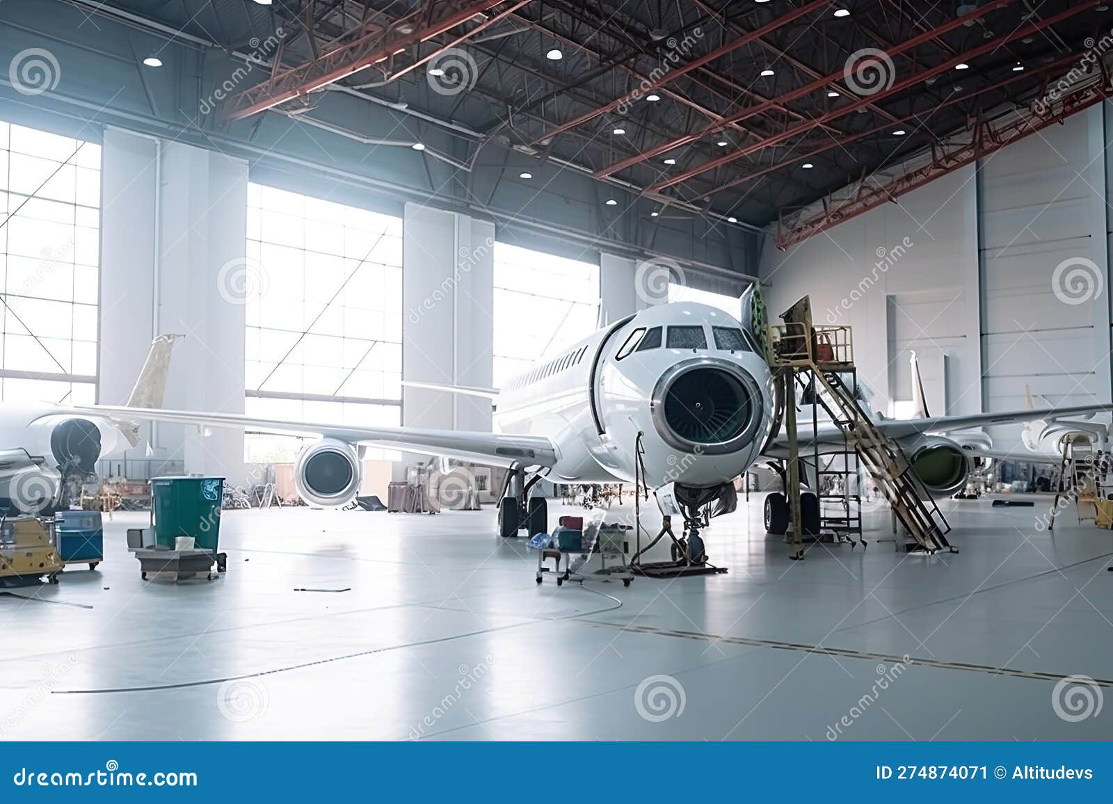Maintenance Hangar, with Team of Technicians Performing Routine ...