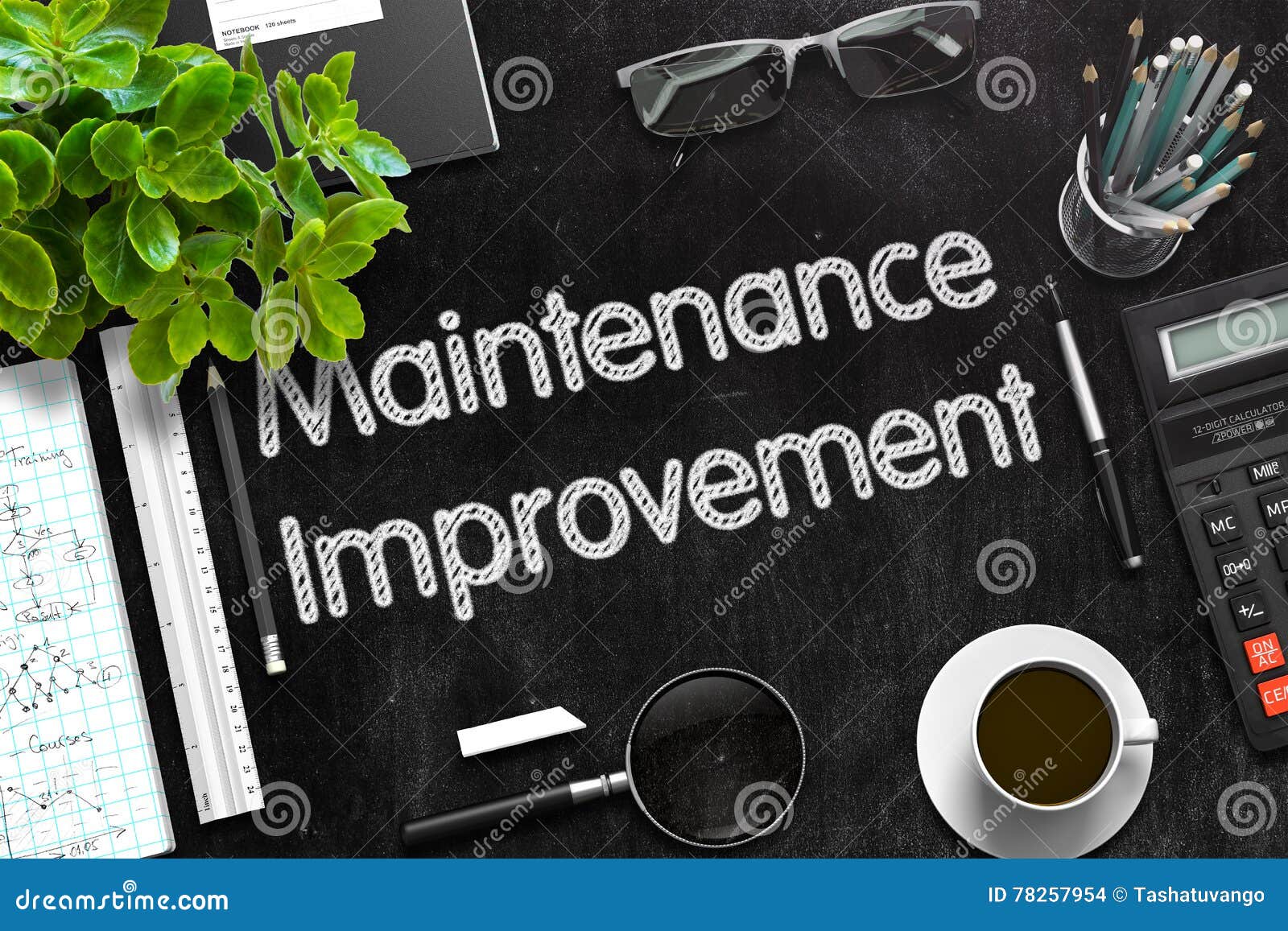 Maintenance Improvement on Black Chalkboard. 3D Rendering Stock Photo ...