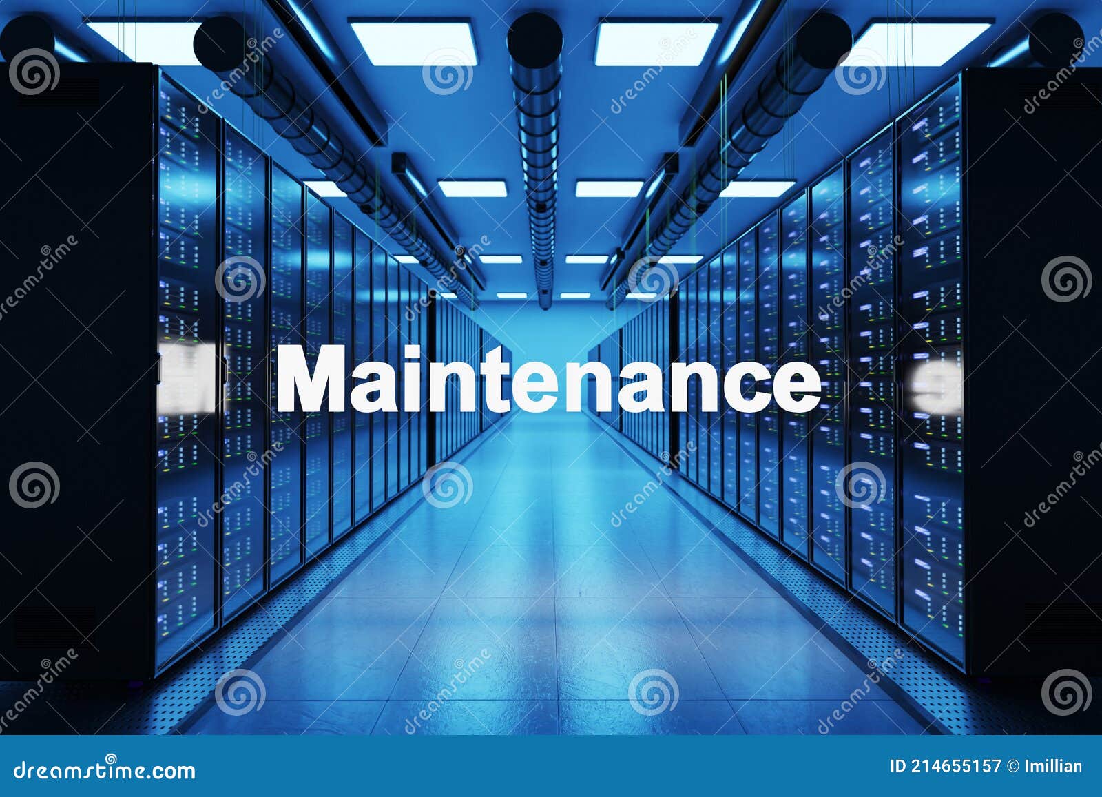 Maintenance Logo in Large Modern Data Center with Multiple Rows of ...
