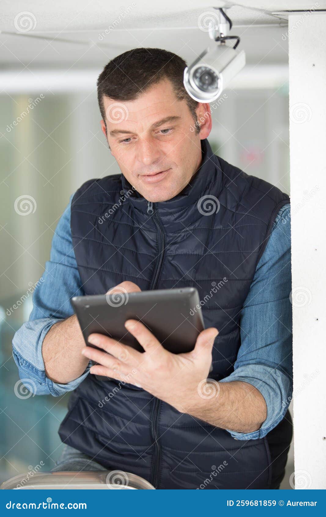 Maintenance Man by Cctv Camera Holding Tablet Stock Image - Image of ...