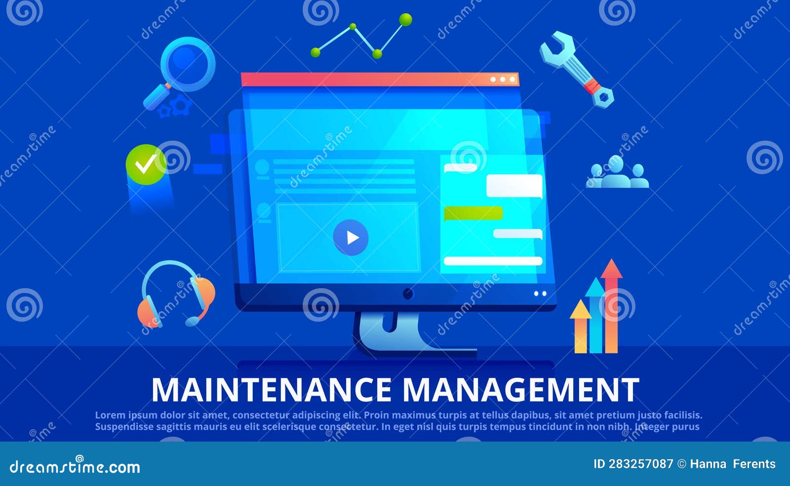 Maintenance Management Vector Banner. Screen with Website and Icon with ...