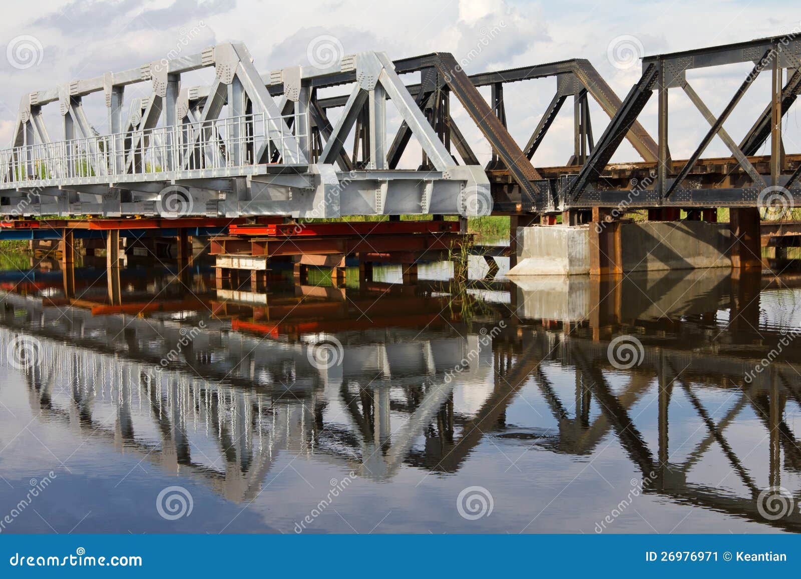 Maintenance of Railway Bridge, Water Reflection. Stock Image - Image of ...
