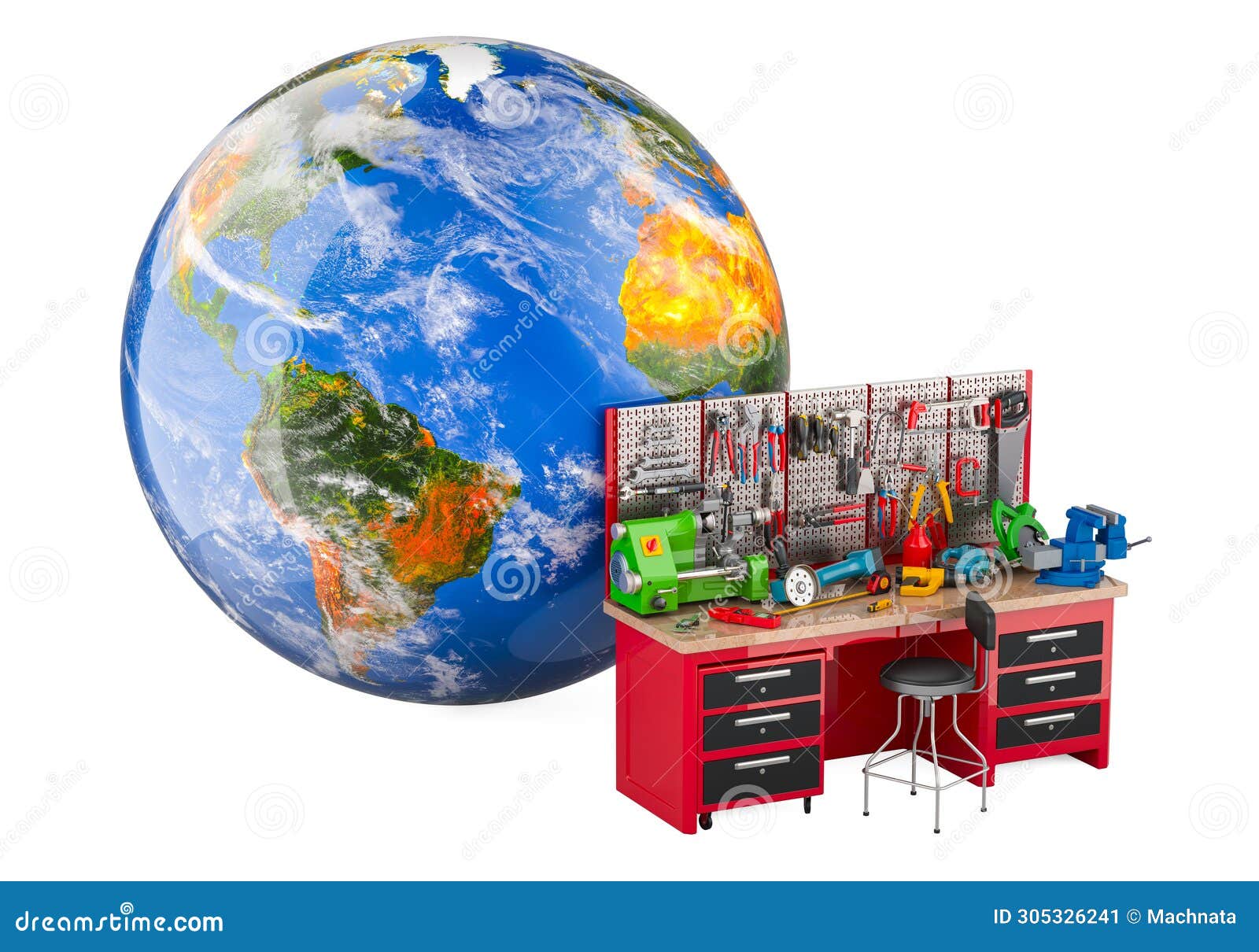 Maintenance Work Table with Tools with Earth Globe. Service, Repair and ...