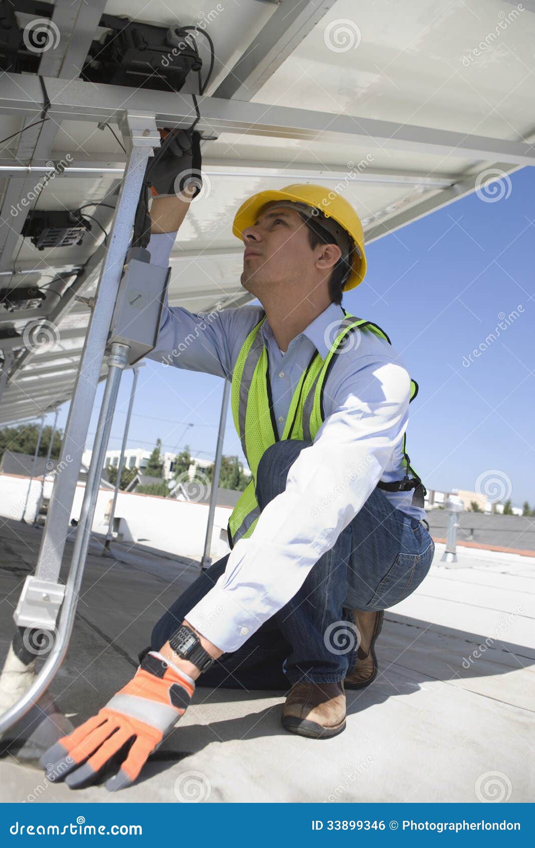 Maintenance Worker Installing Solar Photovoltaic Panels Stock Photo ...