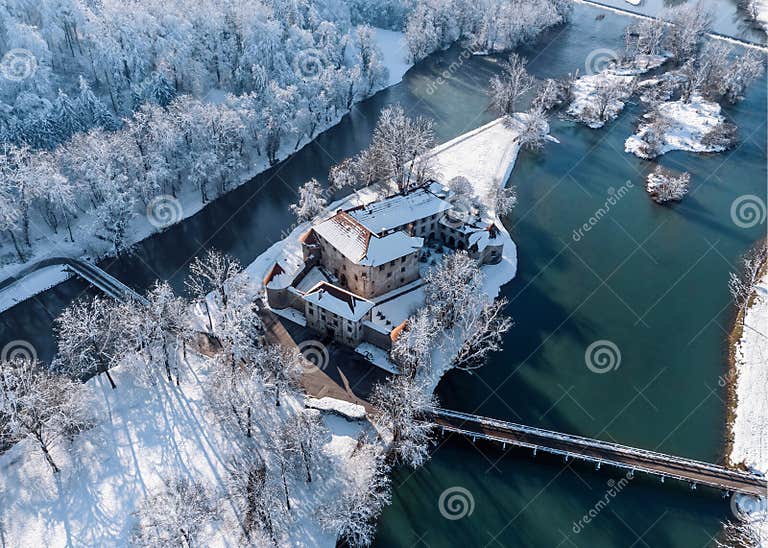 Majestic Aerial View of Otocec Castle on the Island on Krka River ... Majestic Aerial View of Otocec Castle on the Island on Krka River ...