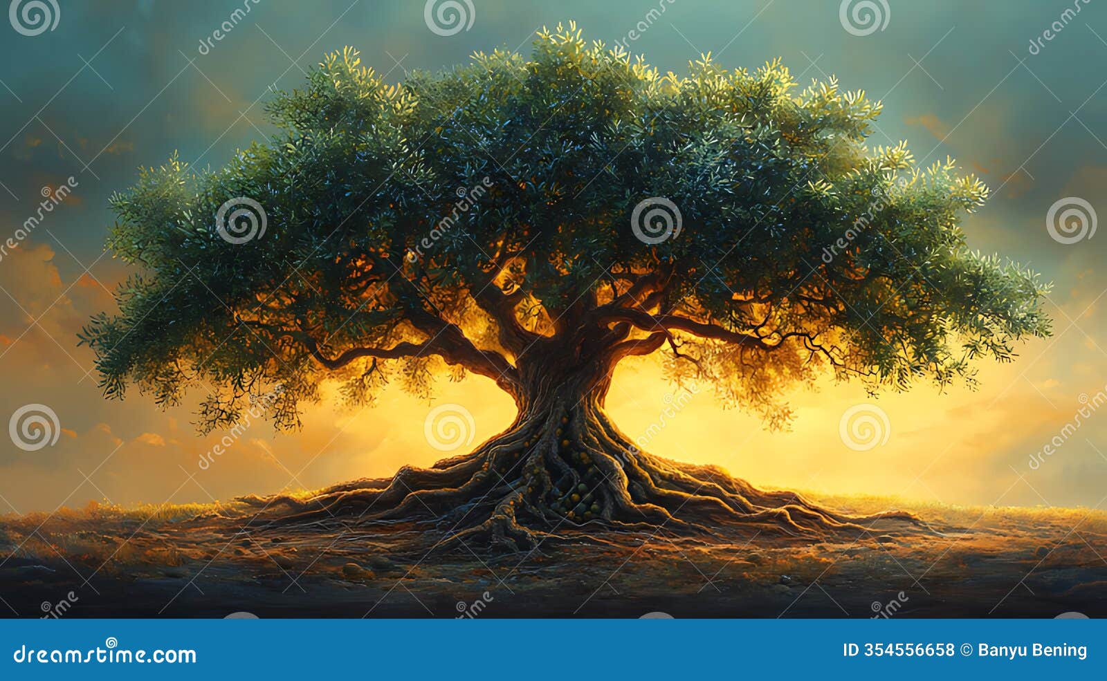 Majestic Ancient Olive Tree at Sunset, Showcasing Its Vast Root System ...