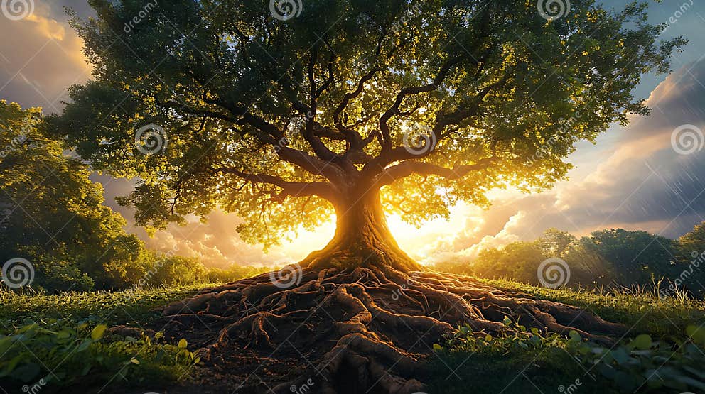 Majestic Ancient Tree with Exposed Roots at Sunset Stock Illustration ...