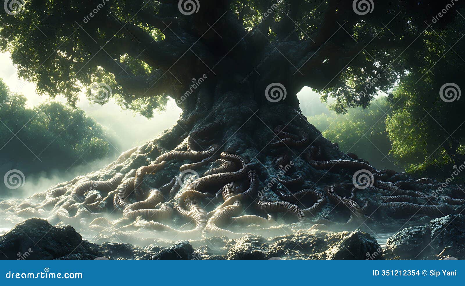 A Majestic Ancient Tree with Large Twisted Roots in a Mystical Forest ...