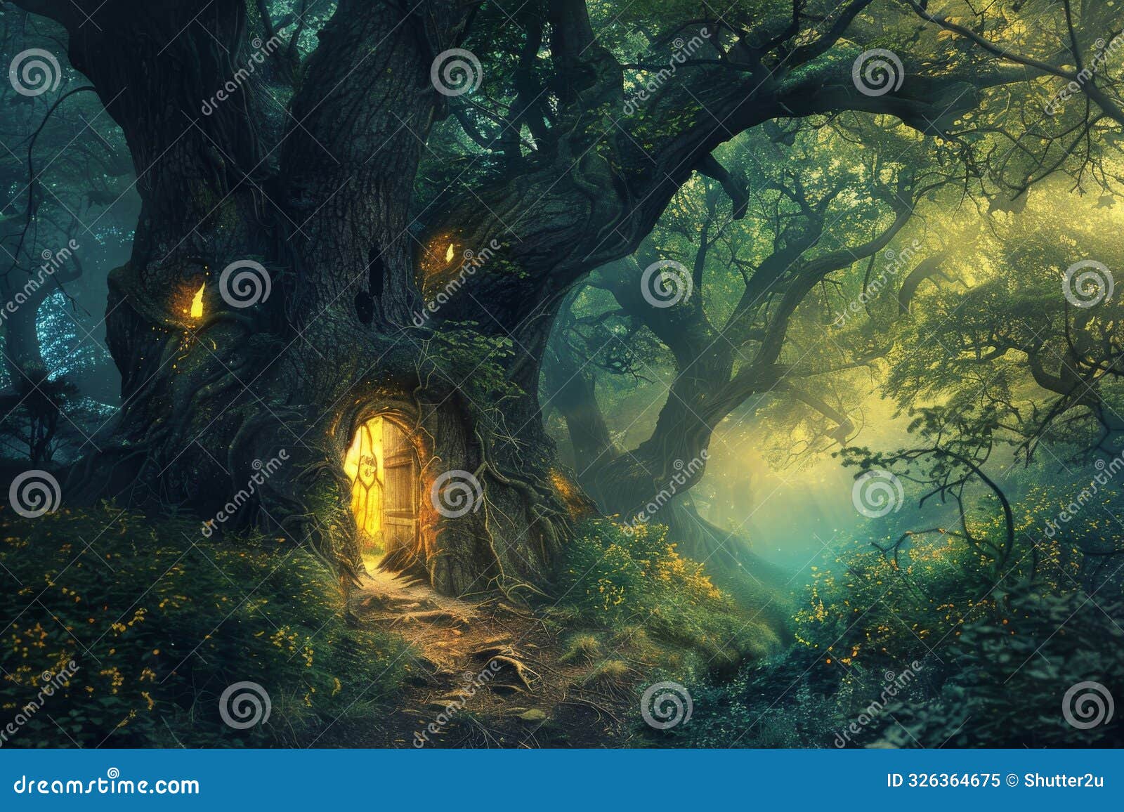 Majestic Ancient Trees with Hidden Doors Glowing Softly in an Enchanted ...