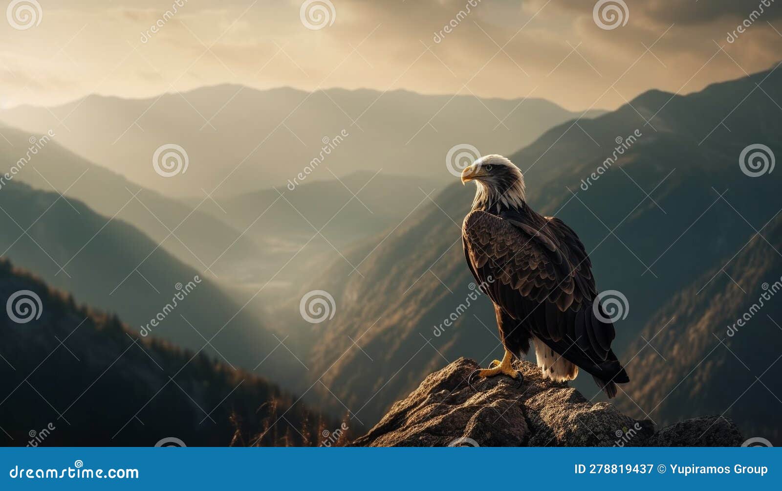 Majestic Bald Eagle Flying Over Mountain Range at Sunset Generated by AI Stock Illustration ...