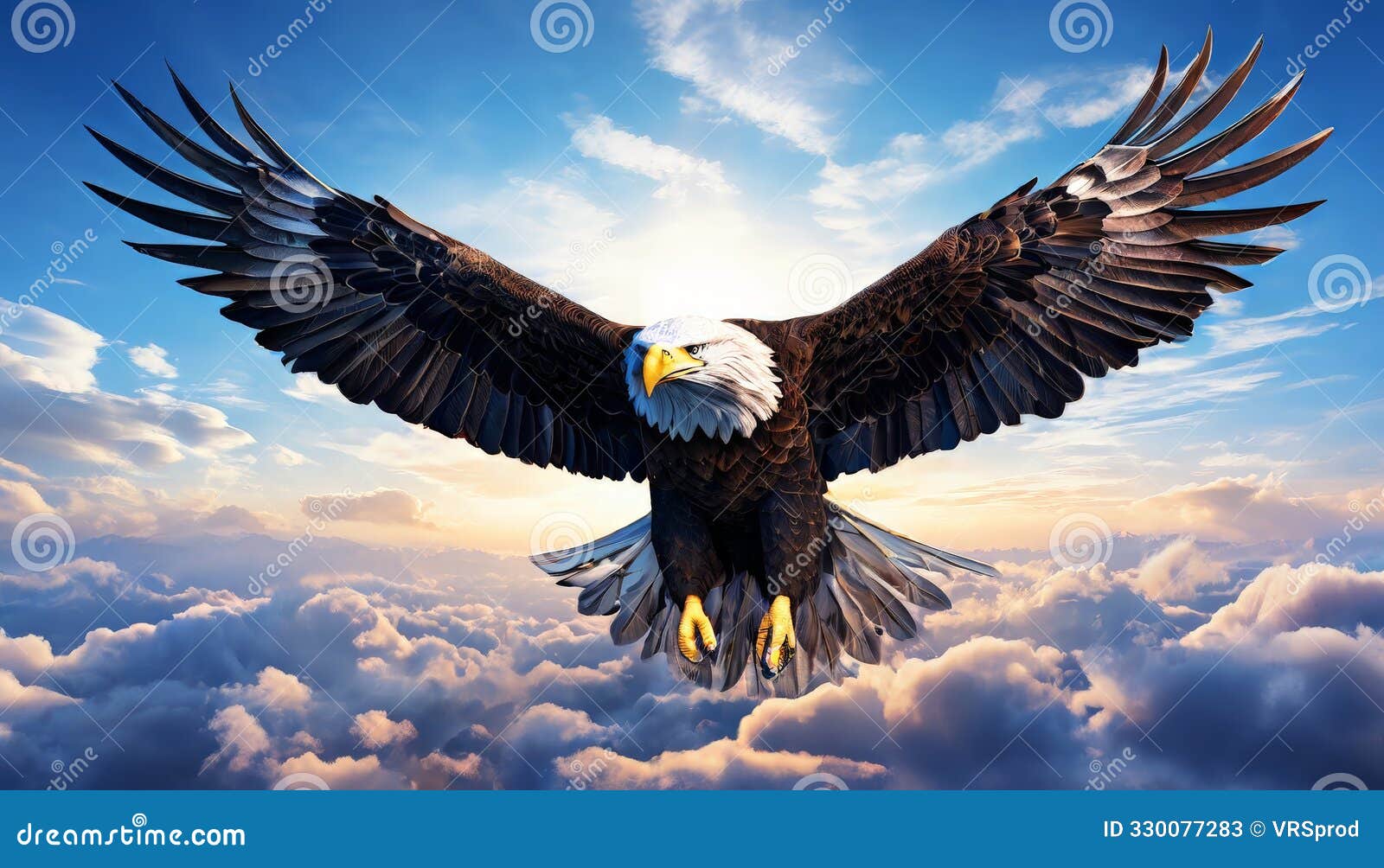 Majestic Bald Eagle Soaring Above the Clouds at Sunset Stock Image ...