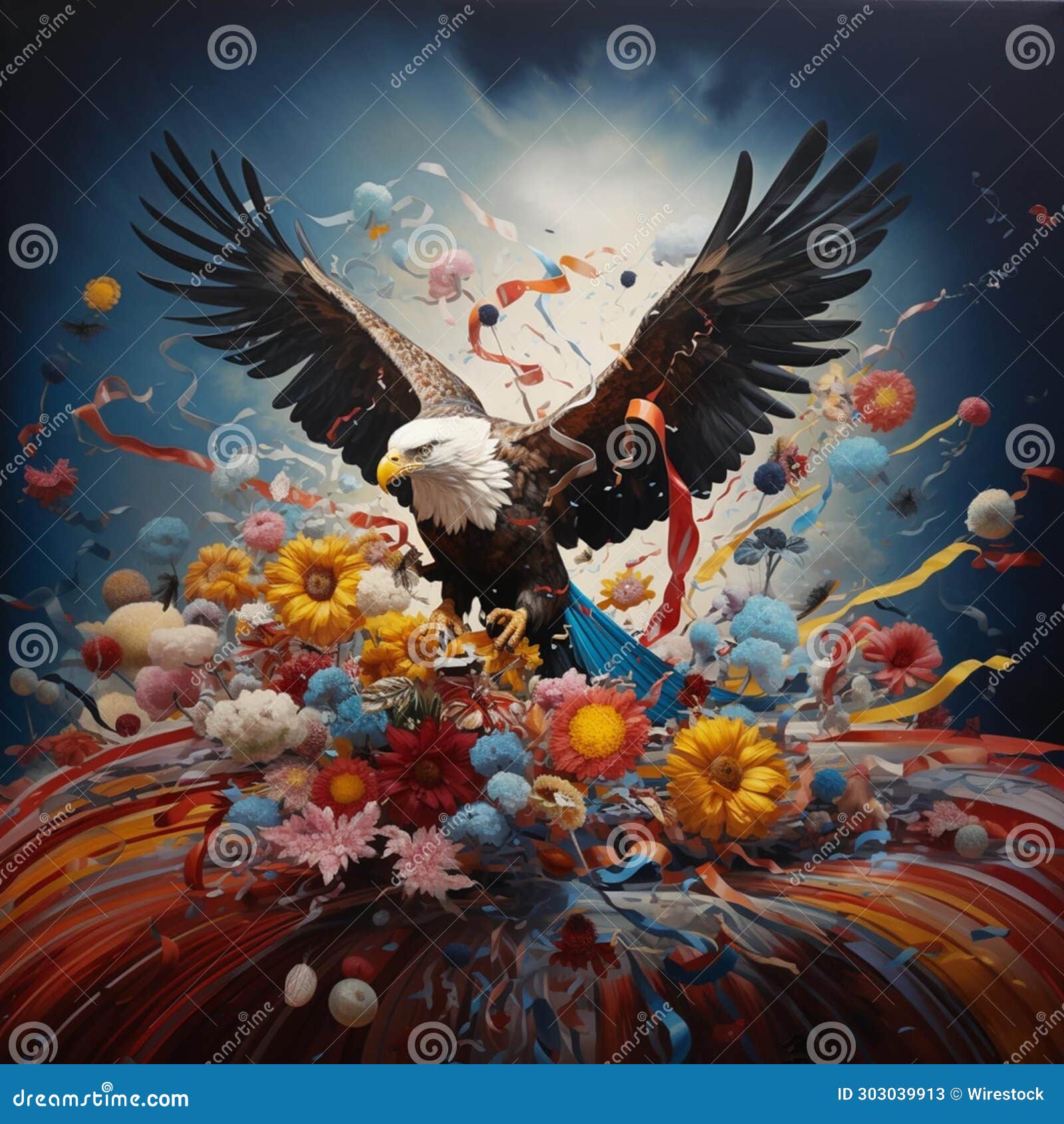 Majestic Bald Eagle Soaring Above a Vibrant Backdrop of Multicolored ...