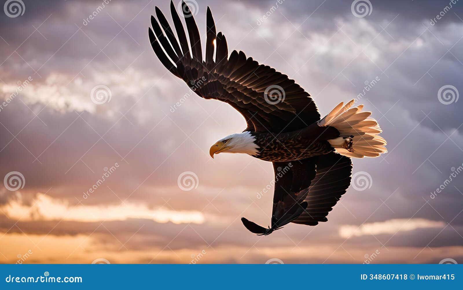 Majestic Bald Eagle Soaring through a Cloudy Sky Stock Photo - Image of purple, power: 348607418
