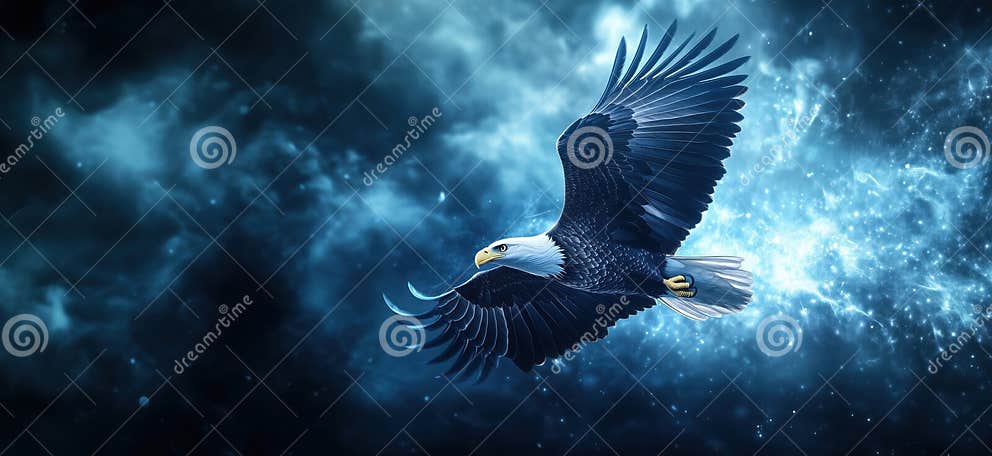 Majestic Bald Eagle Soaring through Cosmic Blue Background with ...
