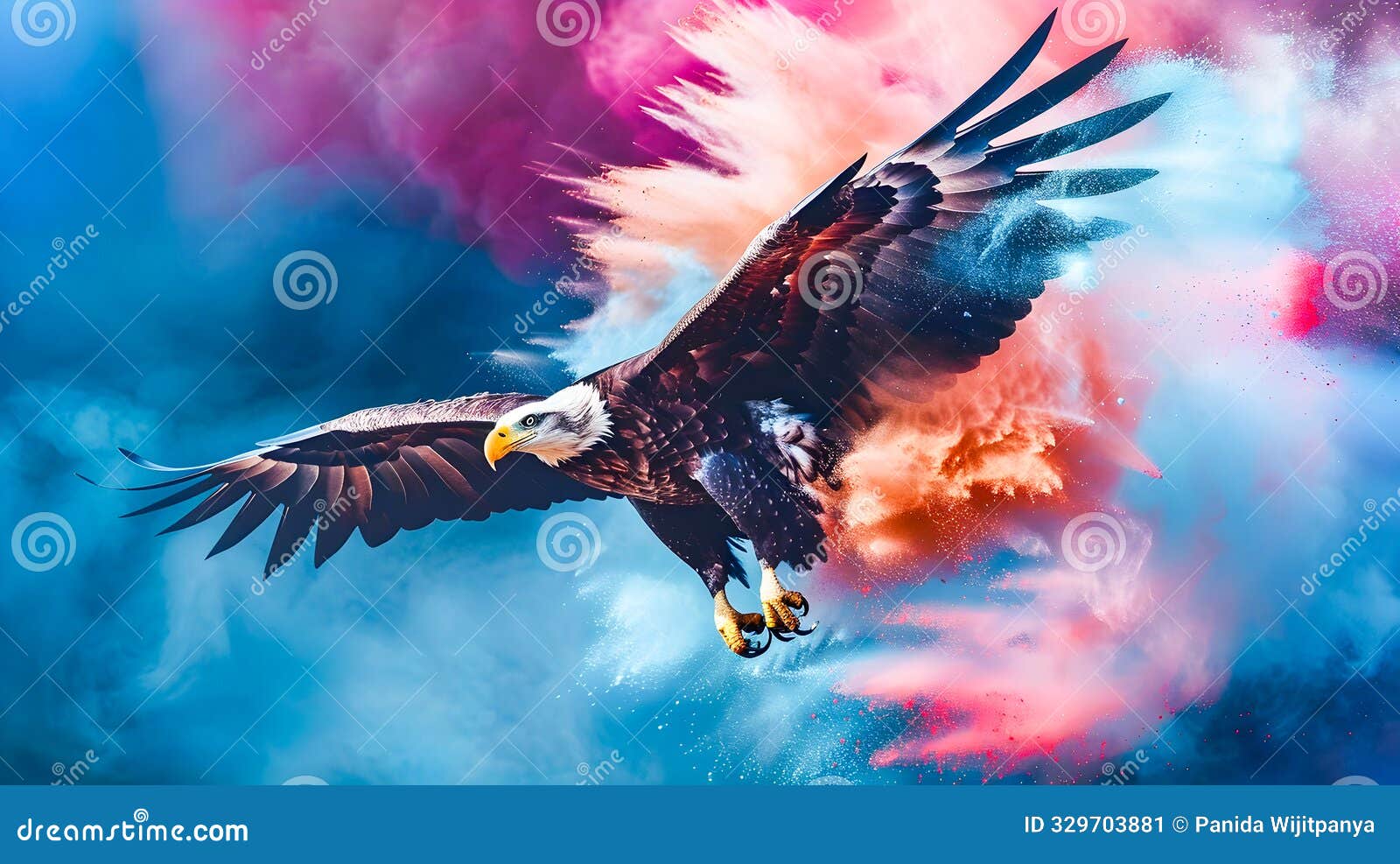 Majestic Bald Eagle Soaring Through A Dynamic Explosion Of Vibrant ...