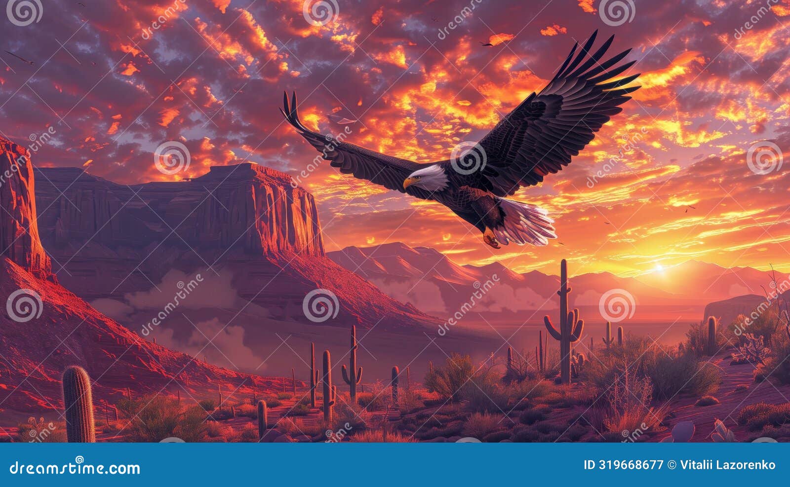 A Majestic Bald Eagle Soaring Over the Desert, with Cacti and Mountains ...