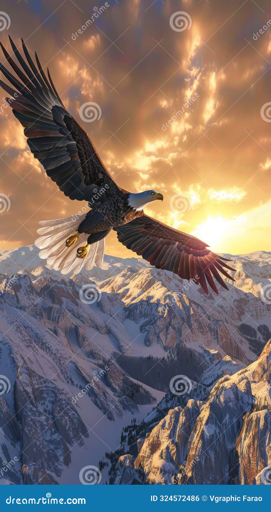 Majestic Bald Eagle Soaring Over Snowy Mountain Range at Sunset, Wildlife Concept Stock Photo ...