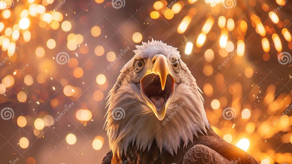 Majestic Bald Eagle Surrounded by Exploding Fireworks - Symbolic Independence Day Energy Stock ...