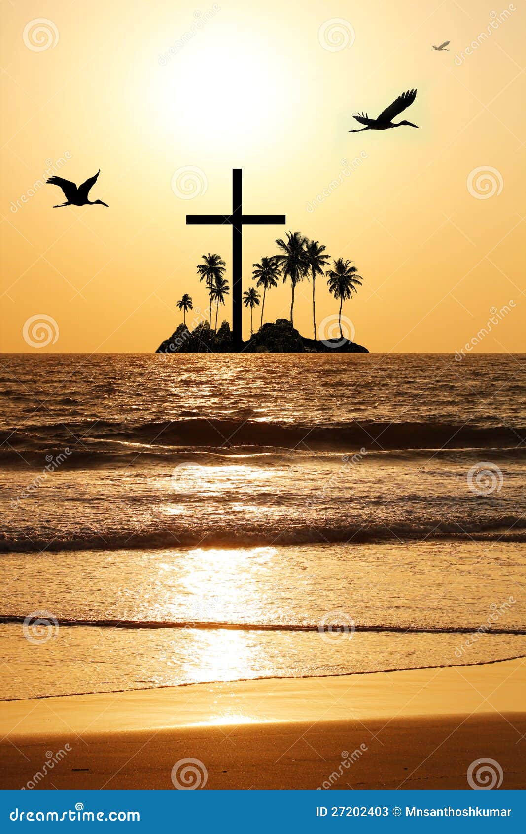 Majestic Beach with Island & Cross in the Horizon Stock Image - Image ...