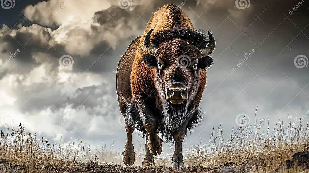 Majestic Bison Charging Forward Against a Dramatic Sky Stock Image ...