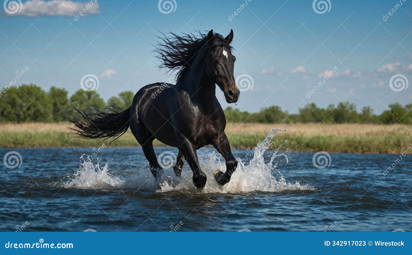 Majestic Black Horse Galloping through Shallow Water. Stock Image ...