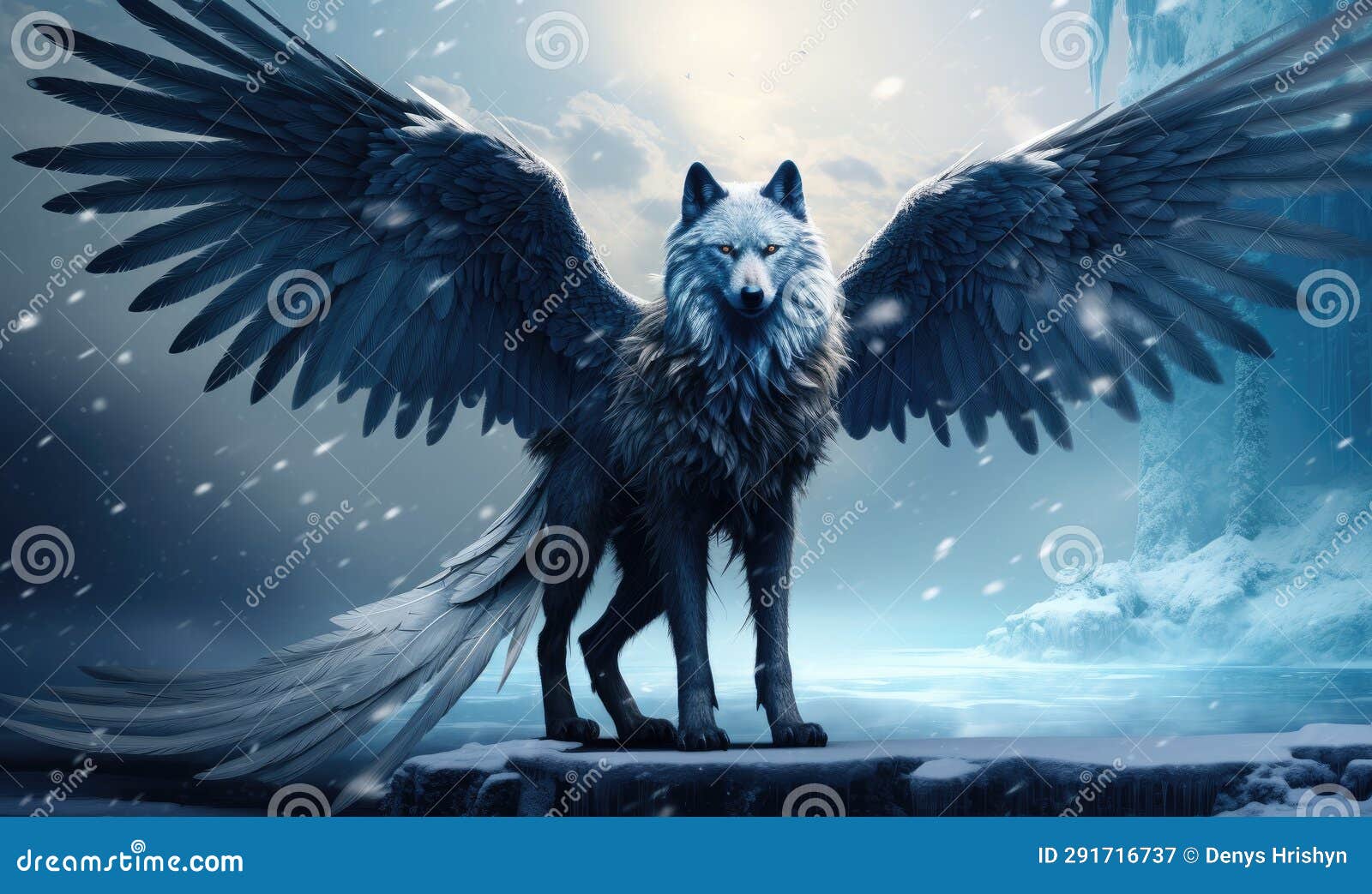 Majestic Blue Feathered Wolf Took Flight with Magnificent Wings Stock ...