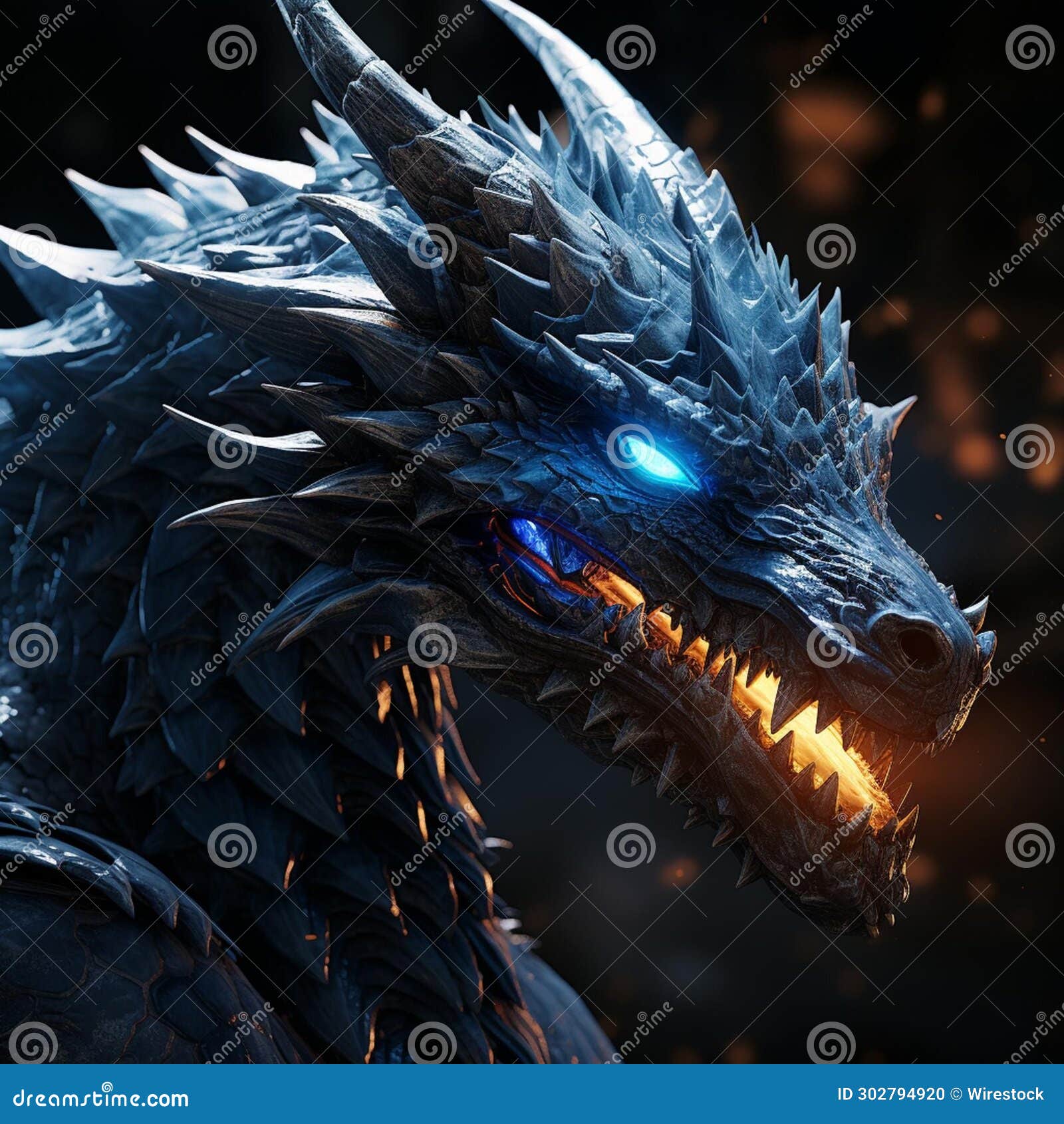 Majestic Blue-glowing Dragon with Its Sharp Teeth and Long, Thin Horns ...