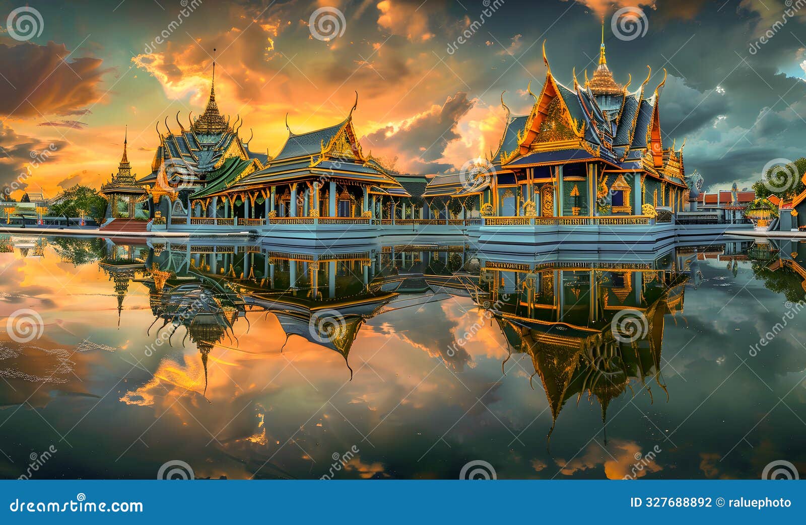 A Majestic Blue and Gold Thai Temple Complex is Reflected in the Still ...