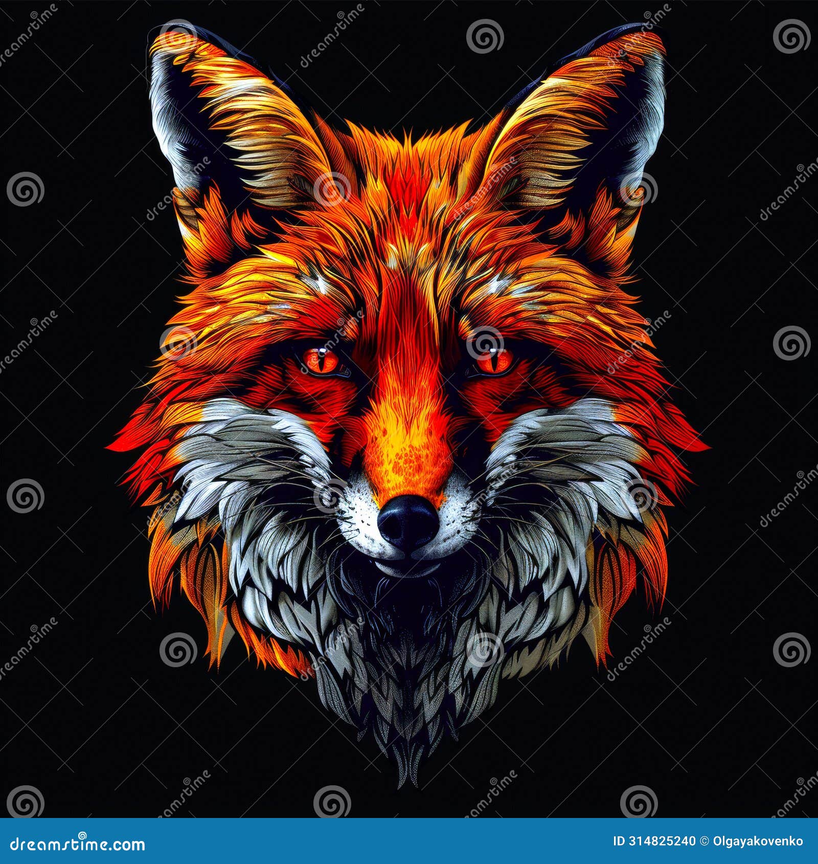 Majestic Bright Red Fox Head on a Black Background. Decorative ...