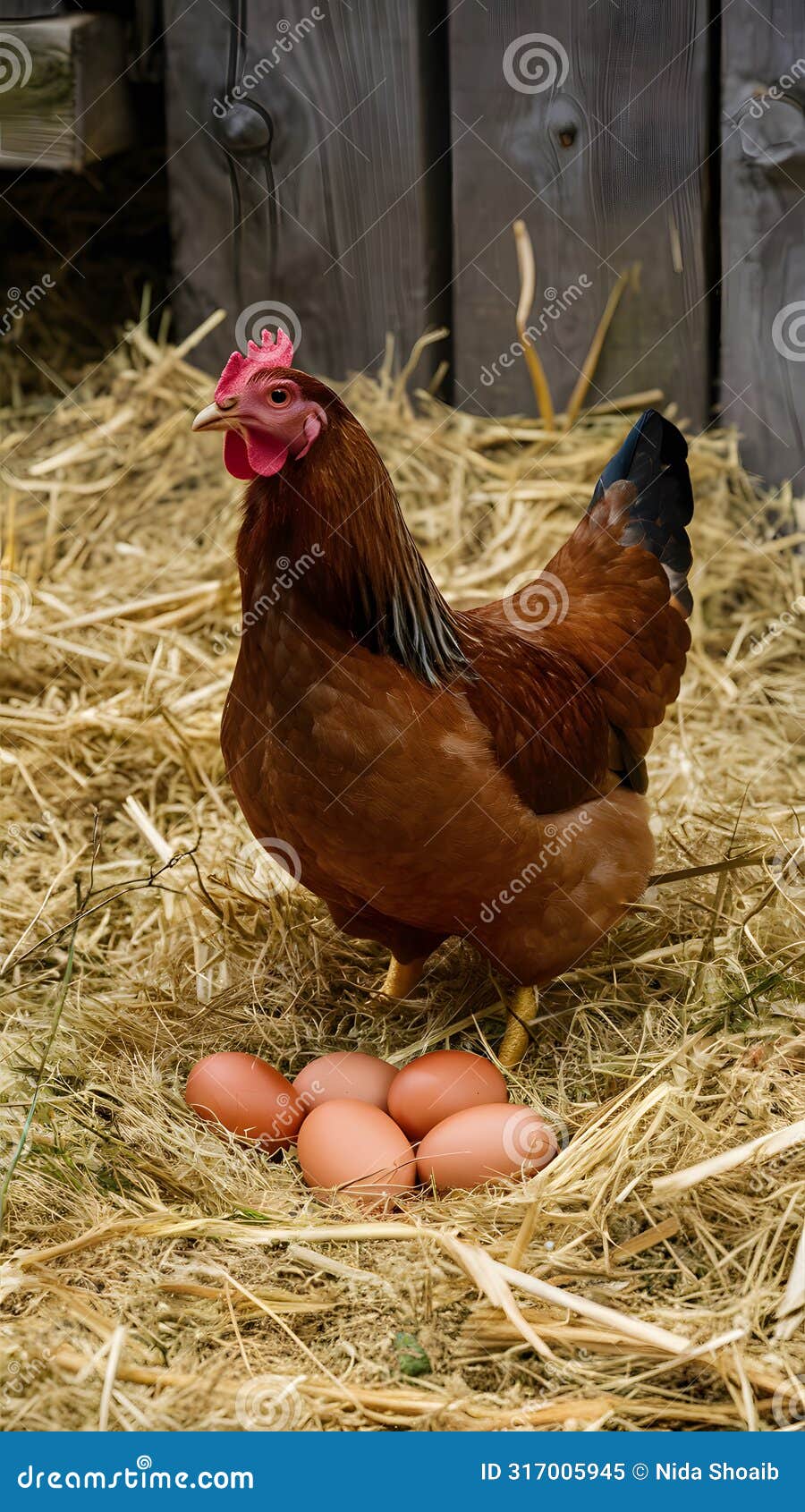 Majestic Brown Hen Stands in Rustic Setting with Fresh Eggs Stock ...