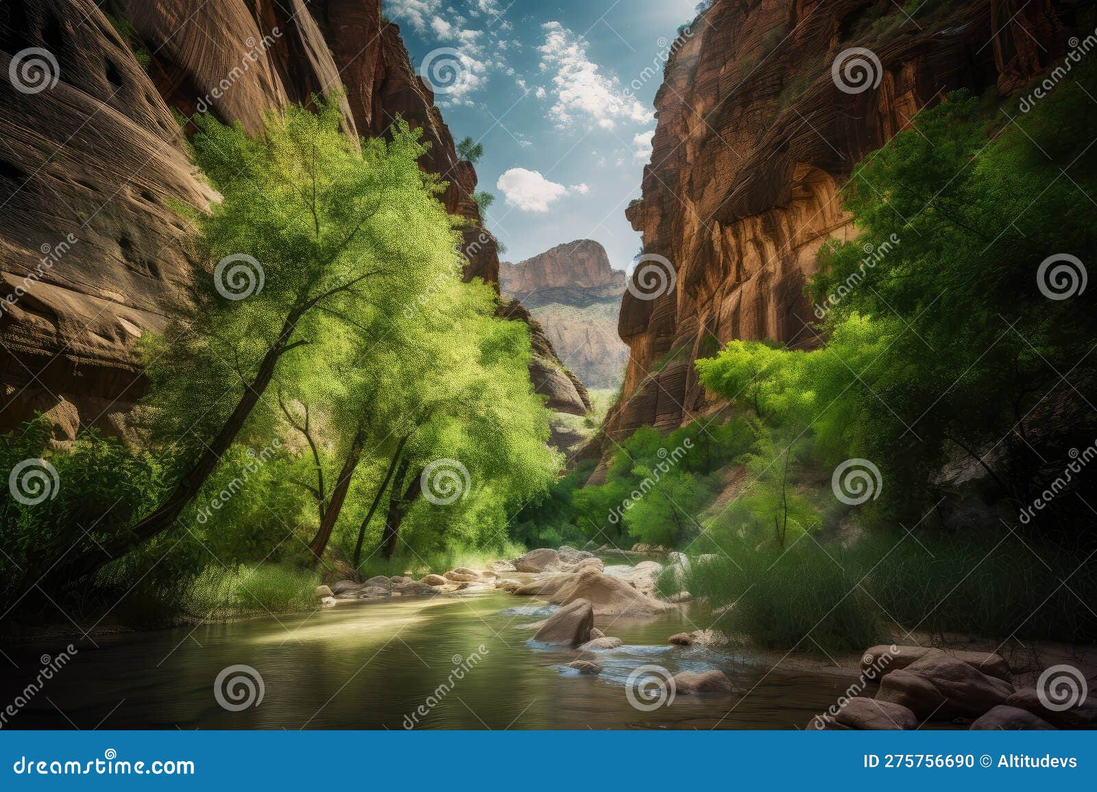 Majestic Canyon with Towering Cliffs and Waterfalls, Surrounded by Lush ...