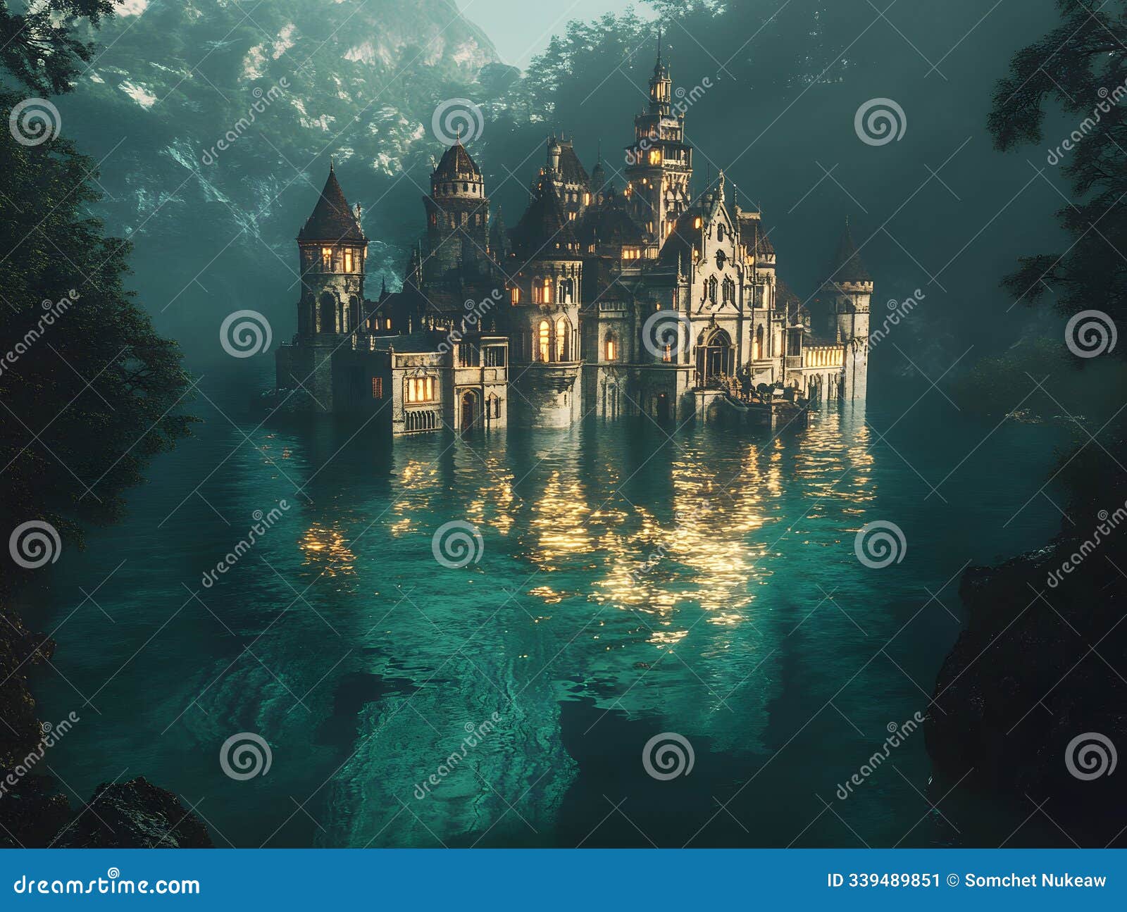 Majestic Castle Surrounded by Water and Misty Forest Stock Illustration ...