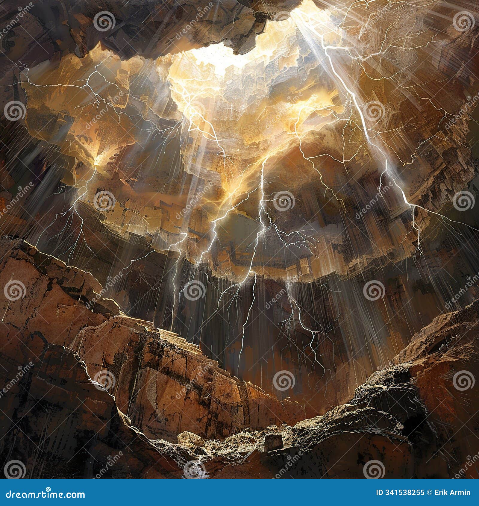 Majestic Cavern with a Sky High Ceiling with Lightning Stock Illustration - Illustration of ...