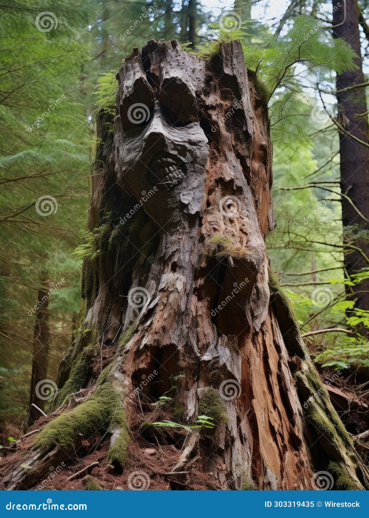 A Majestic Coniferous Tree Trunk with Faces in it Standing in the ...