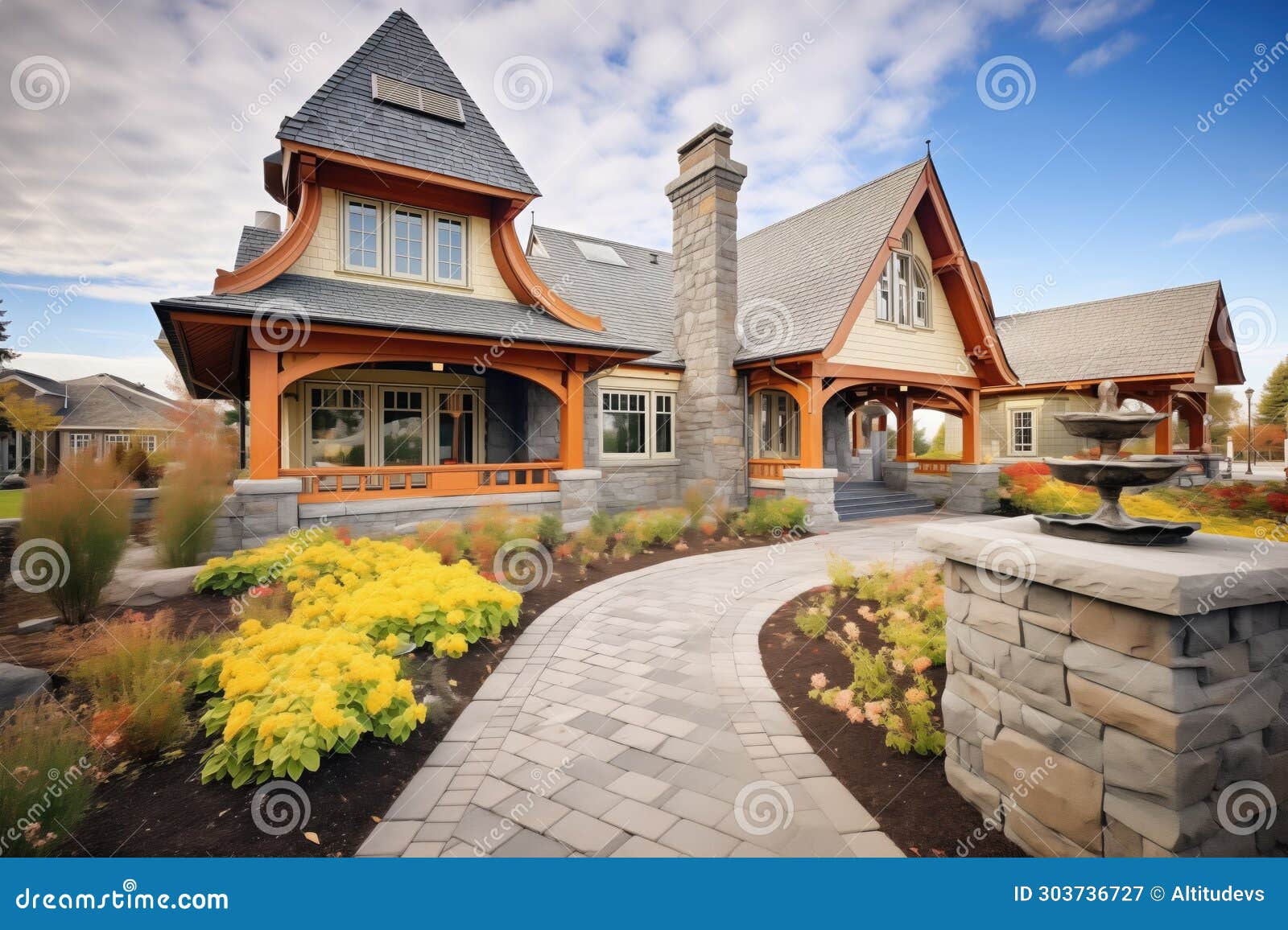 Majestic Cottage with Turrets and a Flagstone Path Stock Image - Image ...