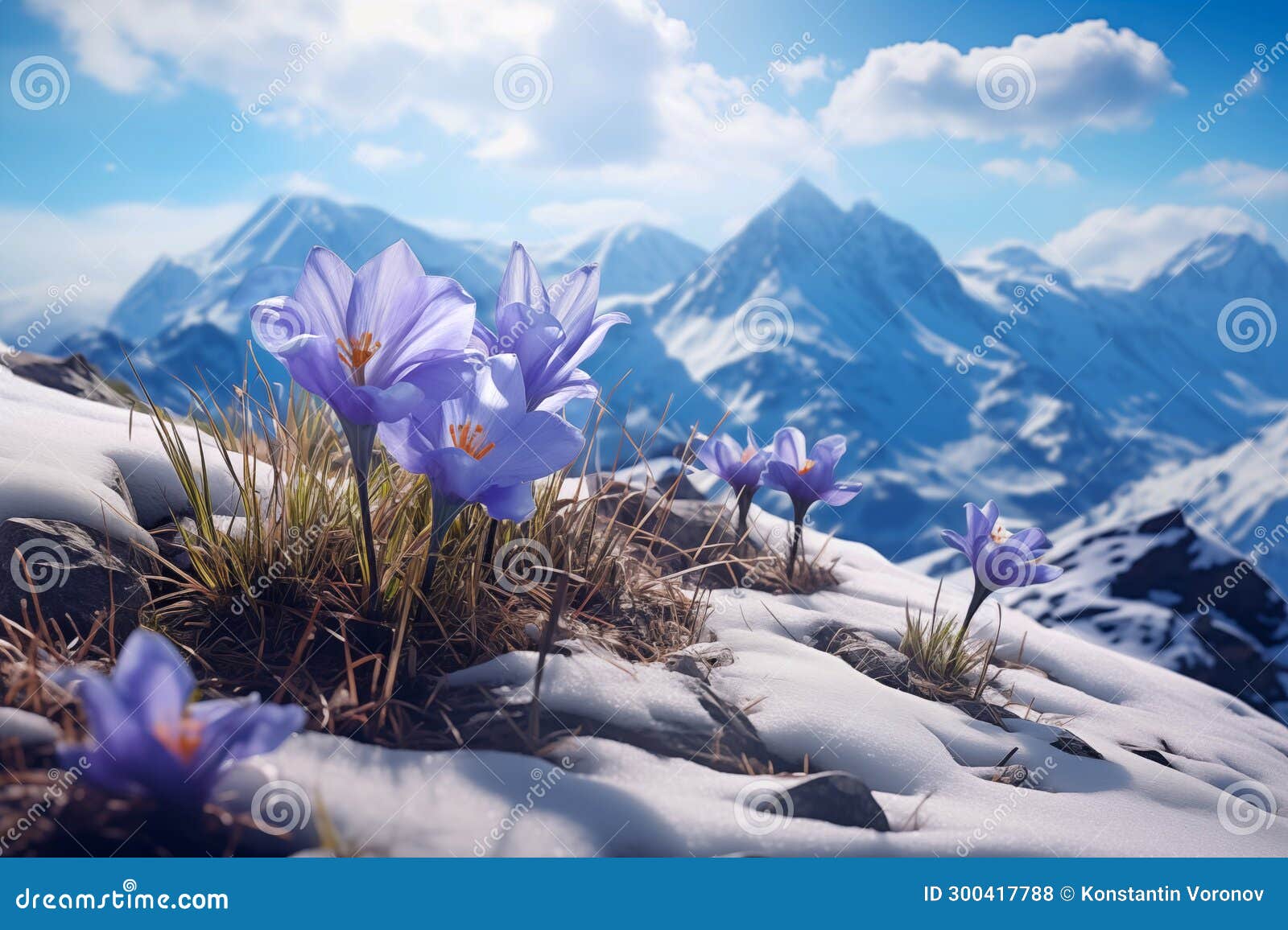Majestic Crocuses Emerging on Snowy Slopes with Mountain Range in ...