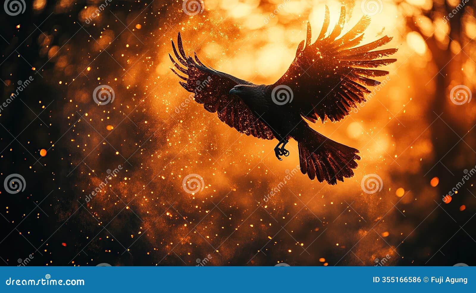 Majestic Crow in Flight, Backlit by a Fiery Sunset, Surrounded by ...